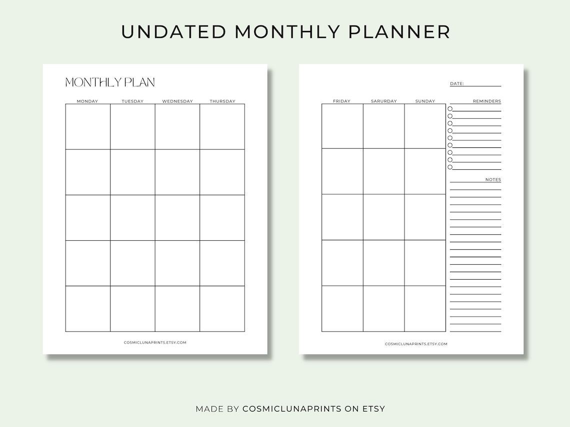 Undated Monthly Planner Printable, Month on Two Pages, Month at a ...