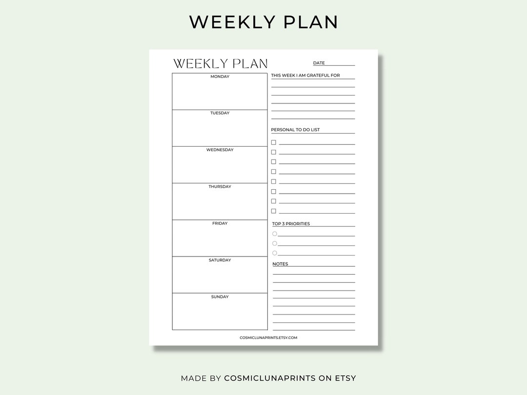 Weekly Planner Printable A5, A4, Letter, Half Size, Undated, Weekly ...