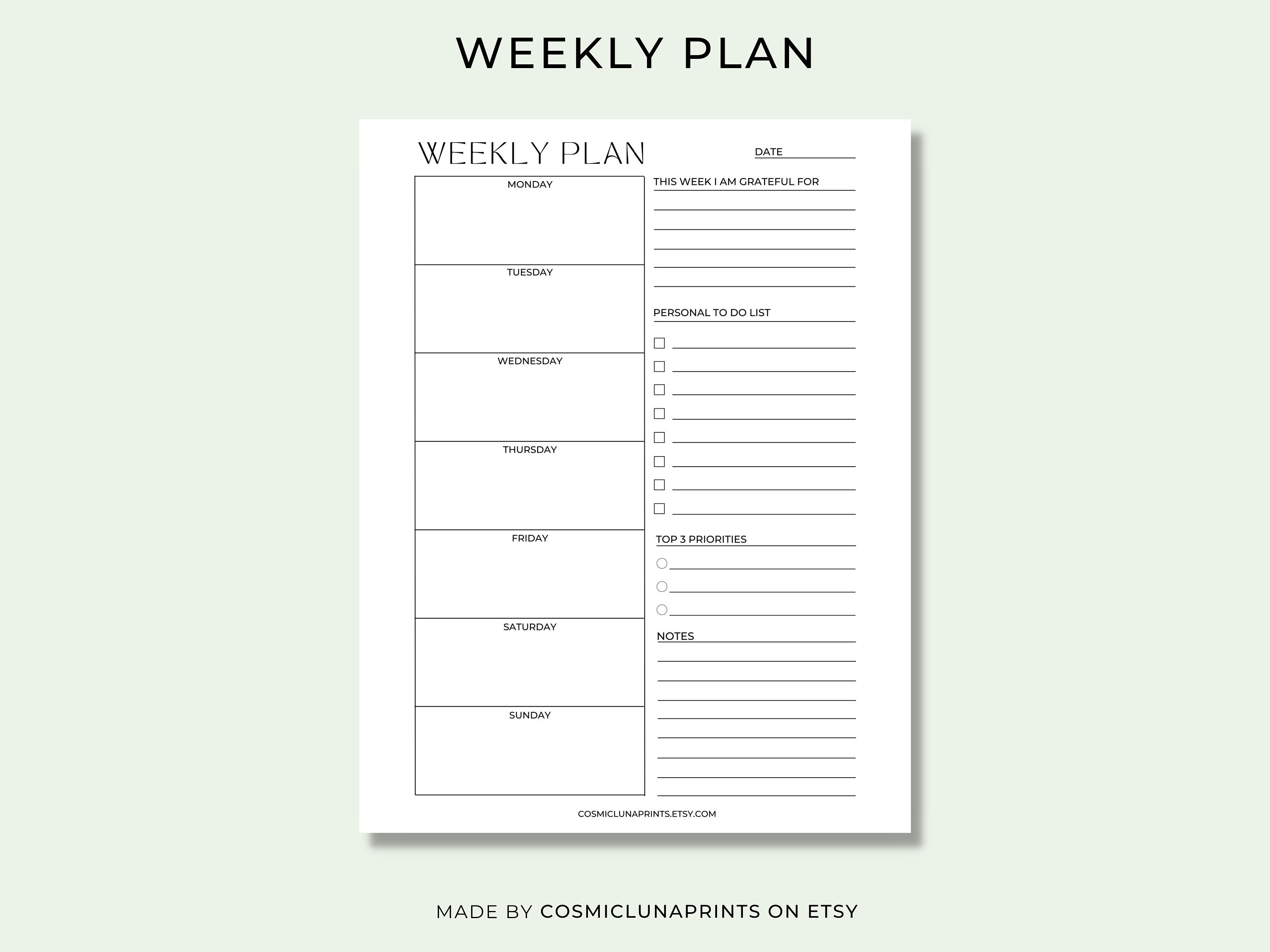 Weekly Planner Printable A5, A4, Letter, Half Size, Undated, Weekly ...