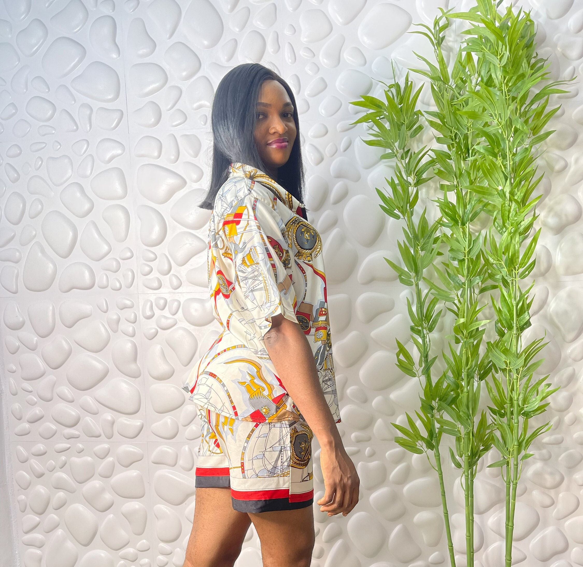 Women's Vintage Short Set, Multicolor Short Set, Silk Shirt Silk Short ...