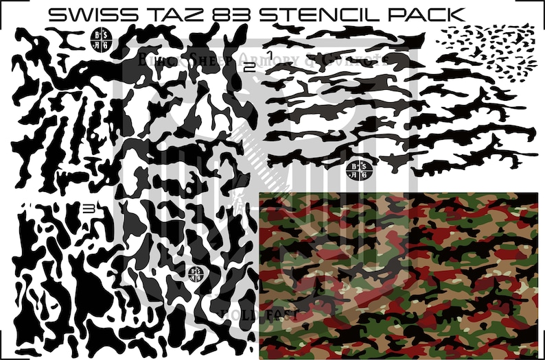 Pack of 3 Swiss Taz 83 Camouflage Stencil Pattern Printed on Avery High ...