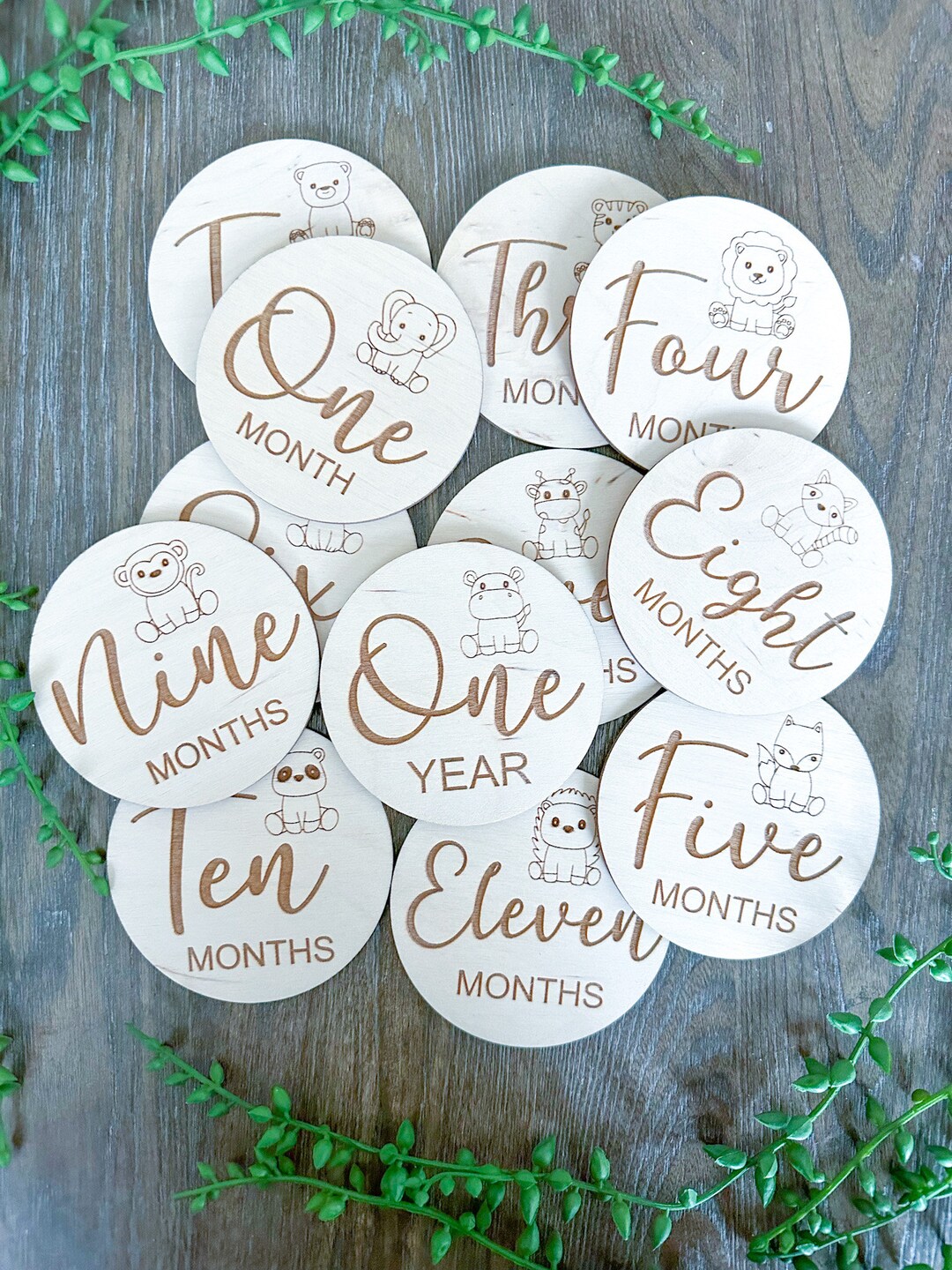 Wooden Month Discs | Animals Wood Discs | Baby Milestones | Baby Shower ...