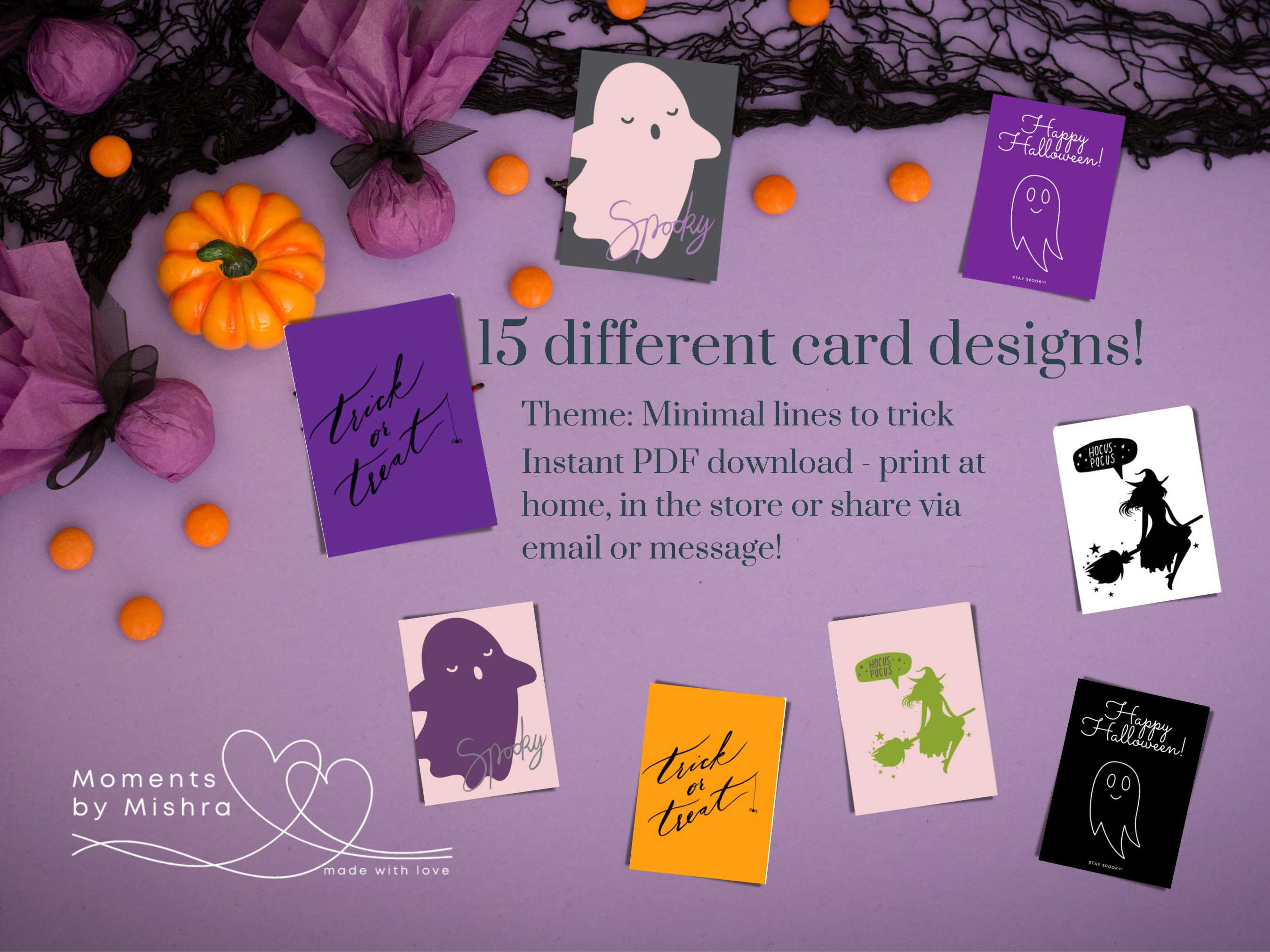 Halloween Cards, Printable Instant Download of 15 Minimal Lines to ...