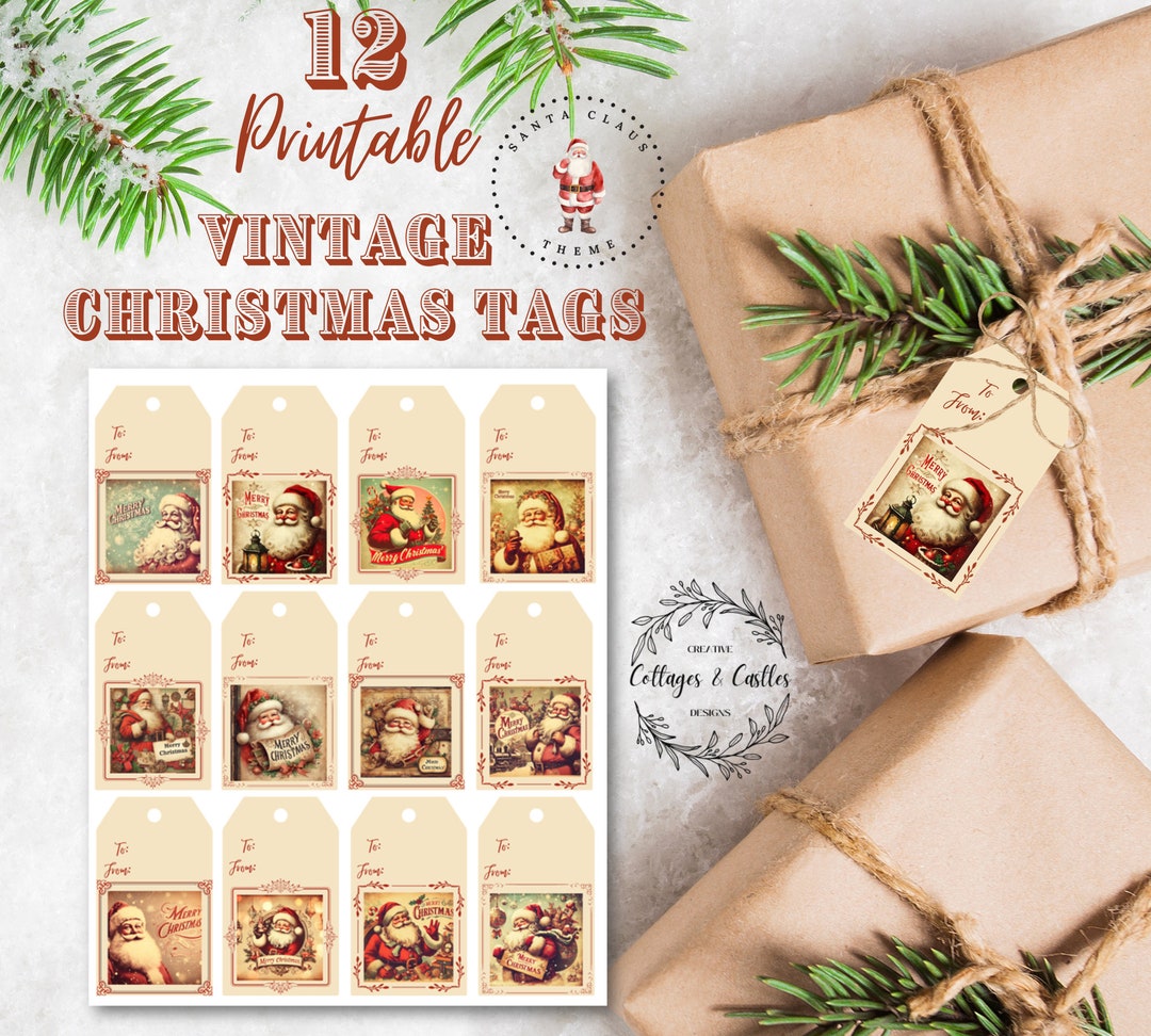 Printable Vintage Christmas Tags Santa Claus Theme 12 Tags Size 3 X 1. ...