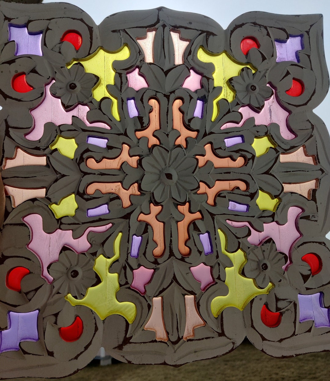 Resin Wall Panel 'stained Glass' Multicolor Rustic Wood Window Sun ...