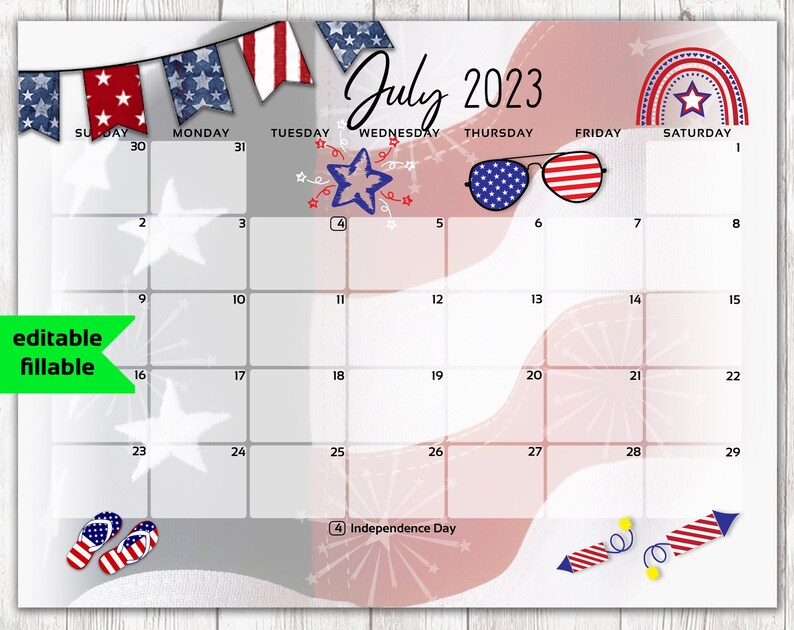 Editable July 2023 Monthly Calendar Fillable Printable - Etsy