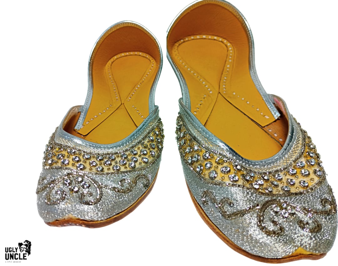 Silver Dulhan Punjabi Jutti Leather Shoes Real Genuine Leather Beads ...