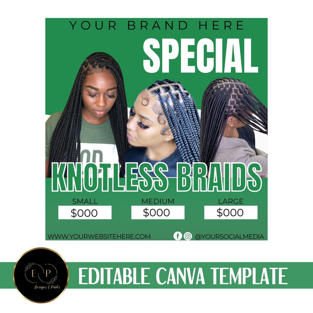 Knotless Braids Flyer, Braid Flyer, DIY, Editable Canva Template ...