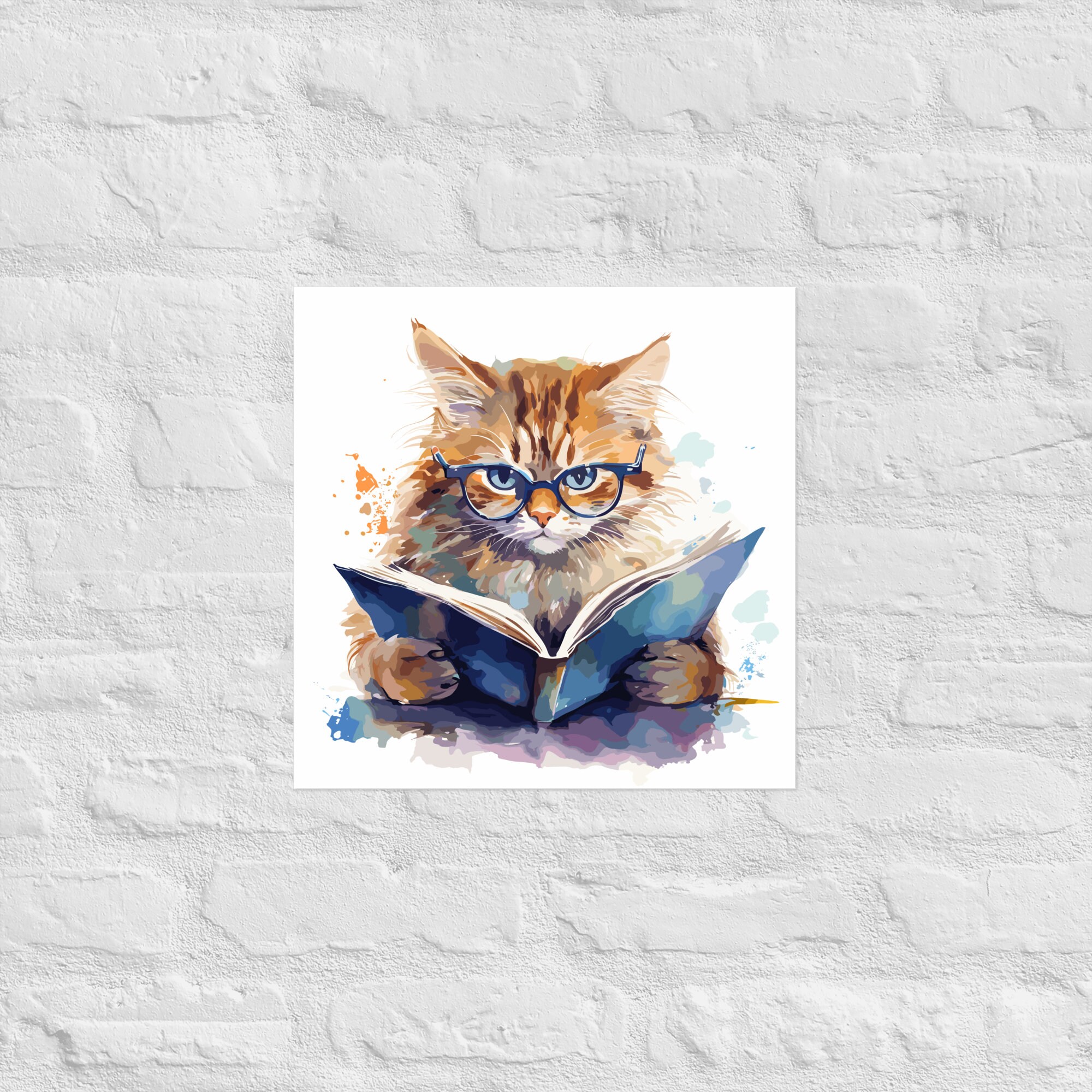 Cat With Glasses Reading a Book Art Print - 10x10, 12x12, 14x14, 16x16 ...