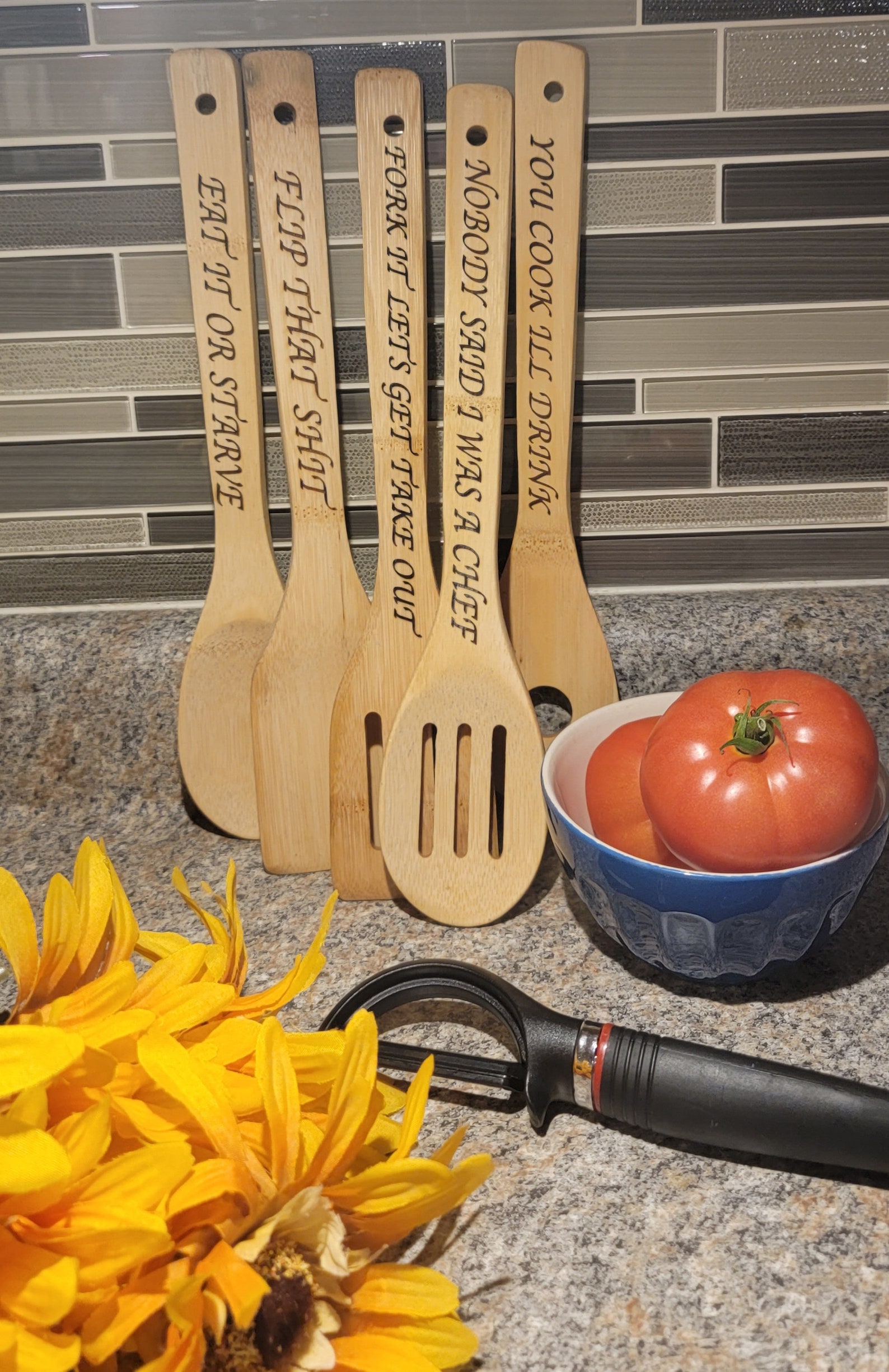 Wooden Engraved Kitchen Utensil Sets, Funny Utensil Sayings, 8 Groups ...