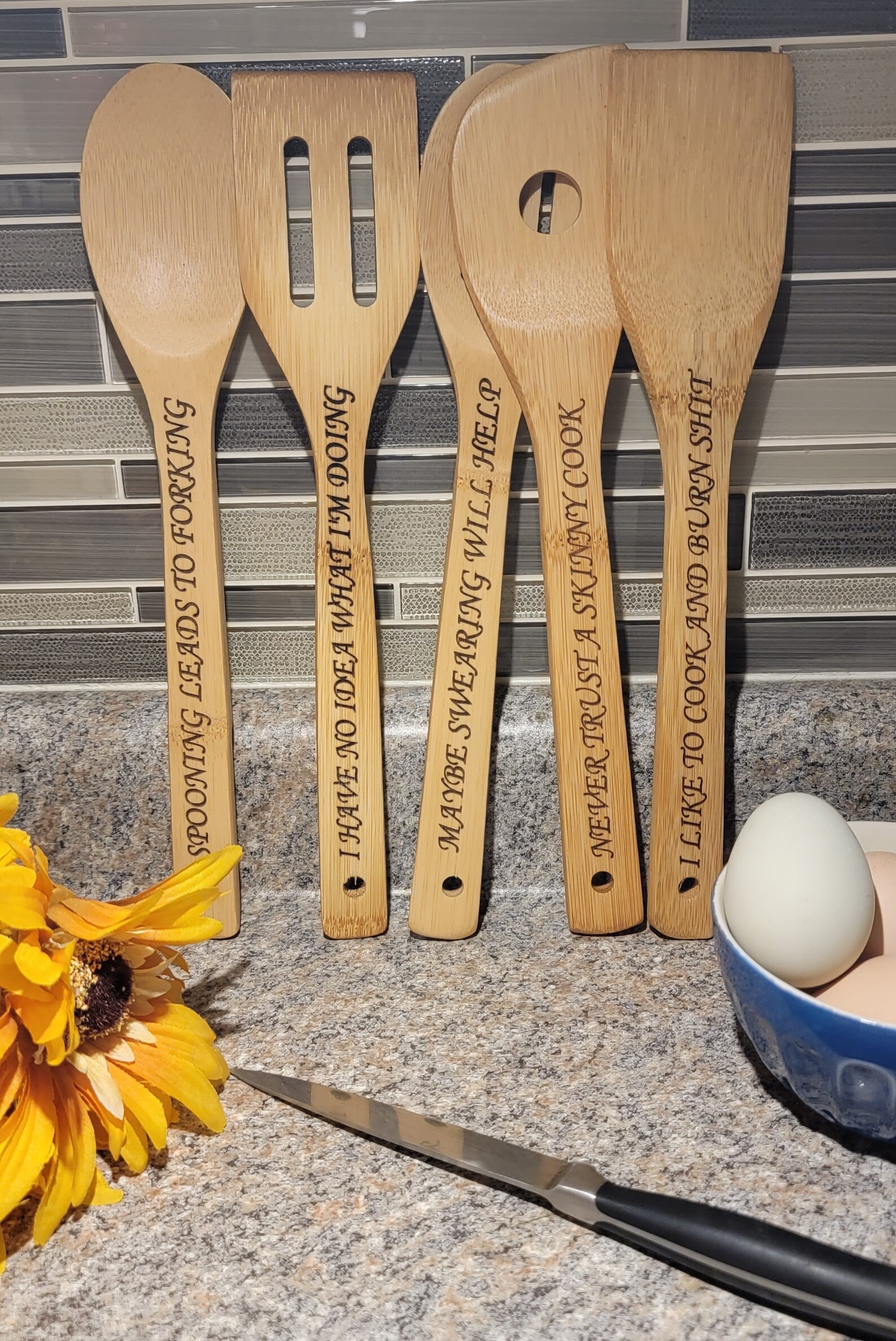 Funny Wooden Utensil Set, 5 to a Set. Engraved Gifts, Kitchen Spoons ...
