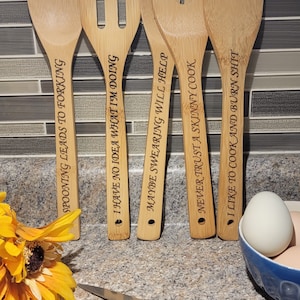 Funny Wooden Utensil Set, 5 to a Set. Engraved Gifts, Kitchen Spoons ...