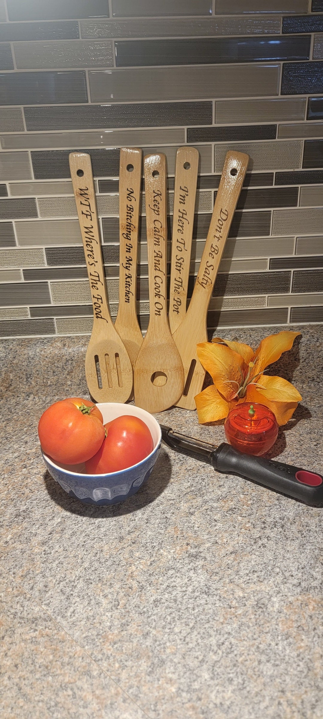 Wooden Engraved Kitchen Utensil Sets, Funny Utensil Sayings, 8 Groups ...