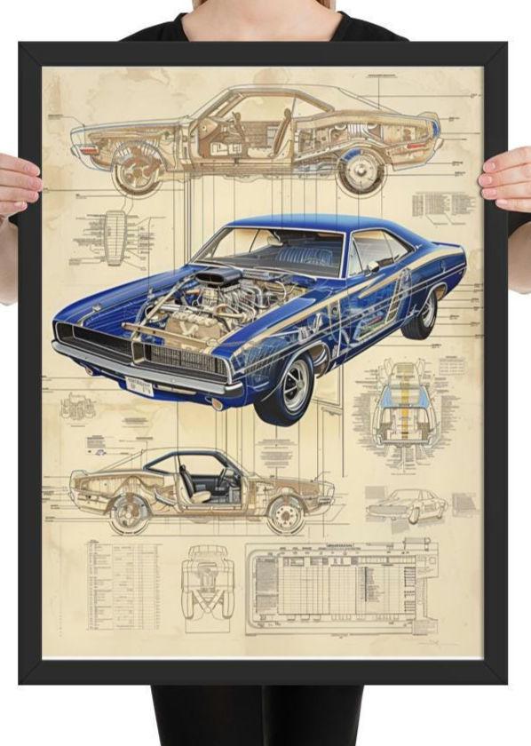 Vintage Dodge Charger Blueprint: Classic Muscle Car Illustration Poster ...