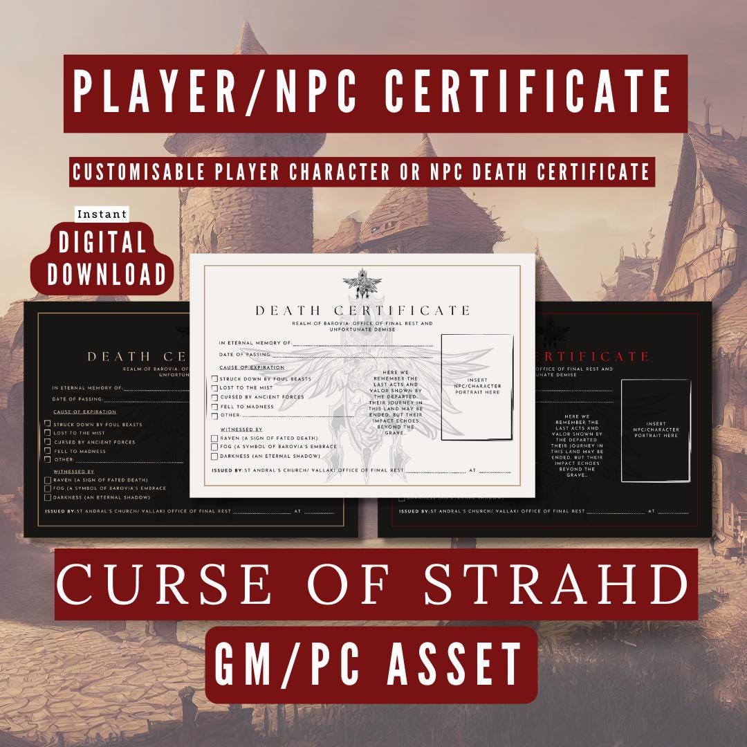 Customisable Curse of Strahd Player or NPC Death Certificate, Custom ...