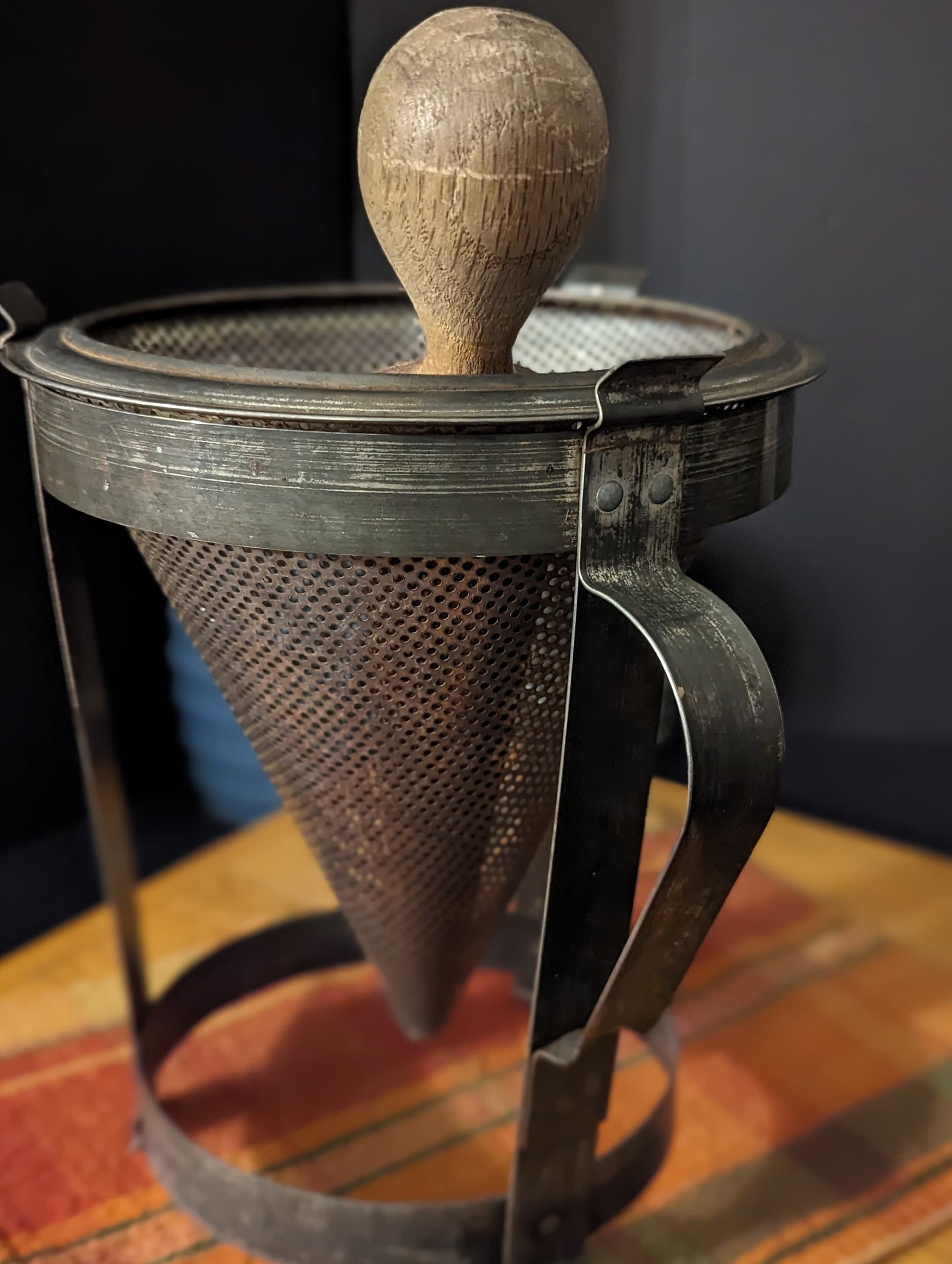 1940's Chinois Cone Strainer on Stand With Wood Pestle, Metal Cone ...