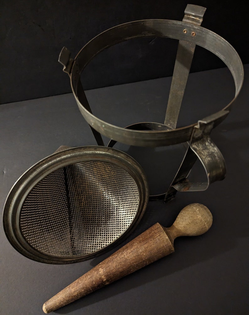 1940's Chinois Cone Strainer on Stand With Wood Pestle, Metal Cone ...