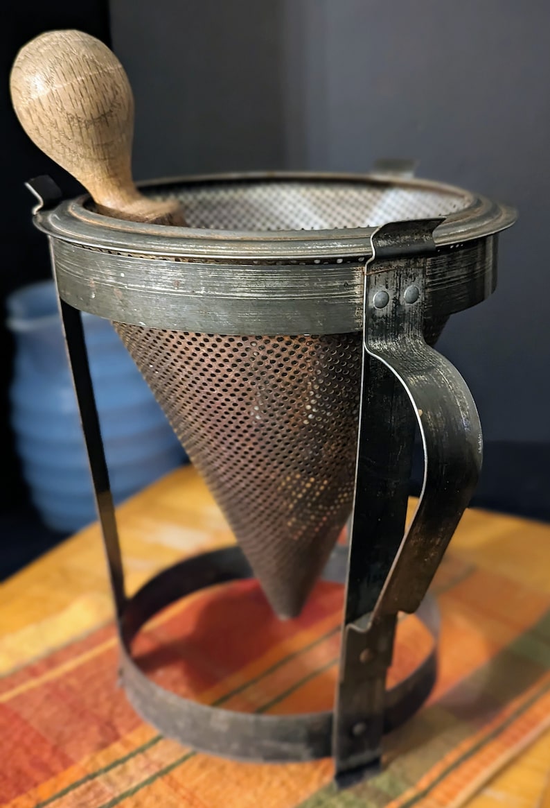 1940's Chinois Cone Strainer on Stand With Wood Pestle, Metal Cone ...