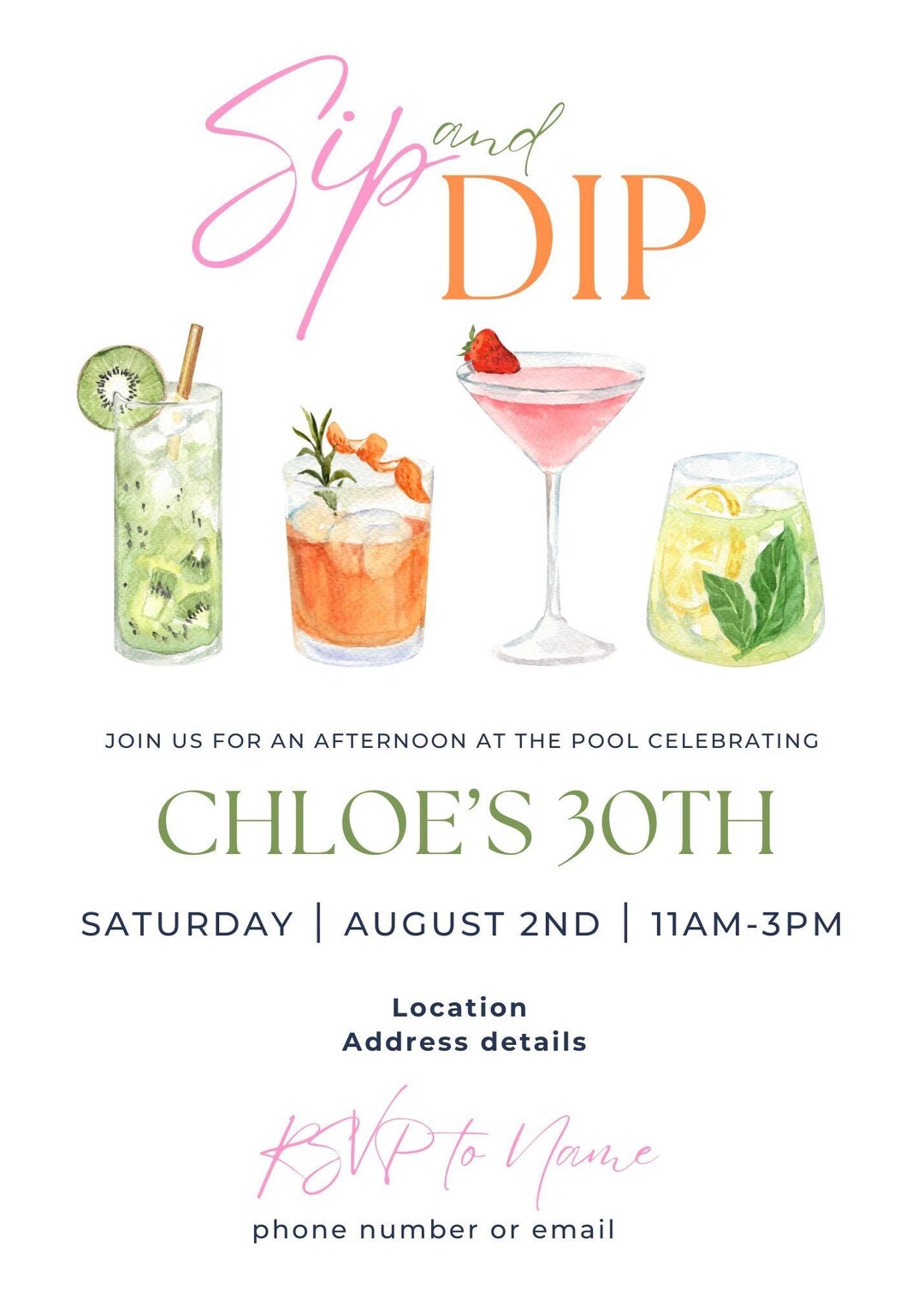 Sip and Dip 30th Birthday Invitation, Pool Party Editable Canva Invite ...