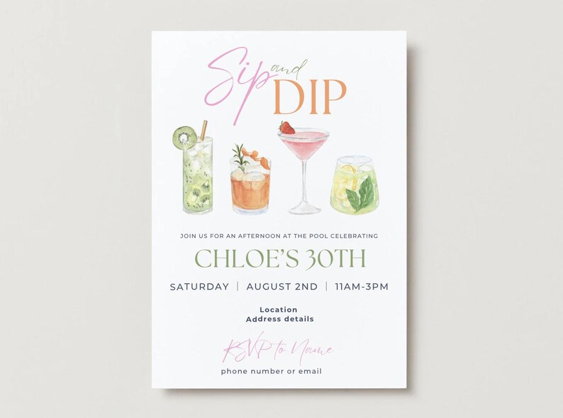 Sip and Dip 30th Birthday Invitation, Pool Party Editable Canva Invite ...