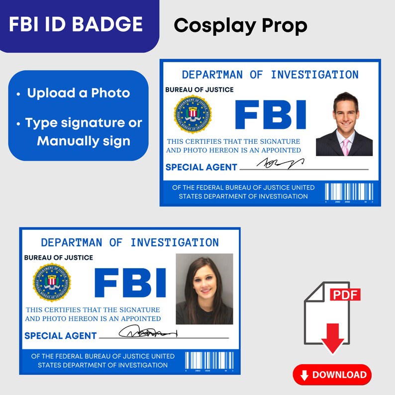 Printable Cosplay FBI Badge custom ID Card Prop Replica Bureau of ...
