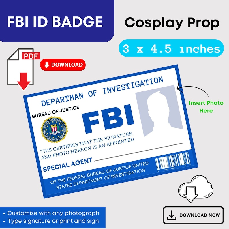 Printable Cosplay FBI Badge custom ID Card Prop Replica Bureau of ...