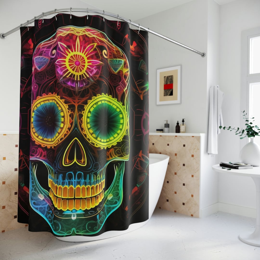 Transcendent Neon Sugar Skull Shower Curtain | Witchy Decor ...
