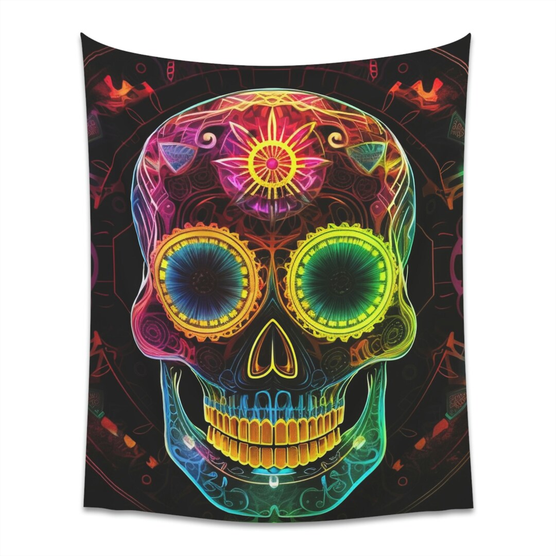 Transcendent Neon Sugar Skull Cinco De Mayo Wall Tapestry, Colorful ...