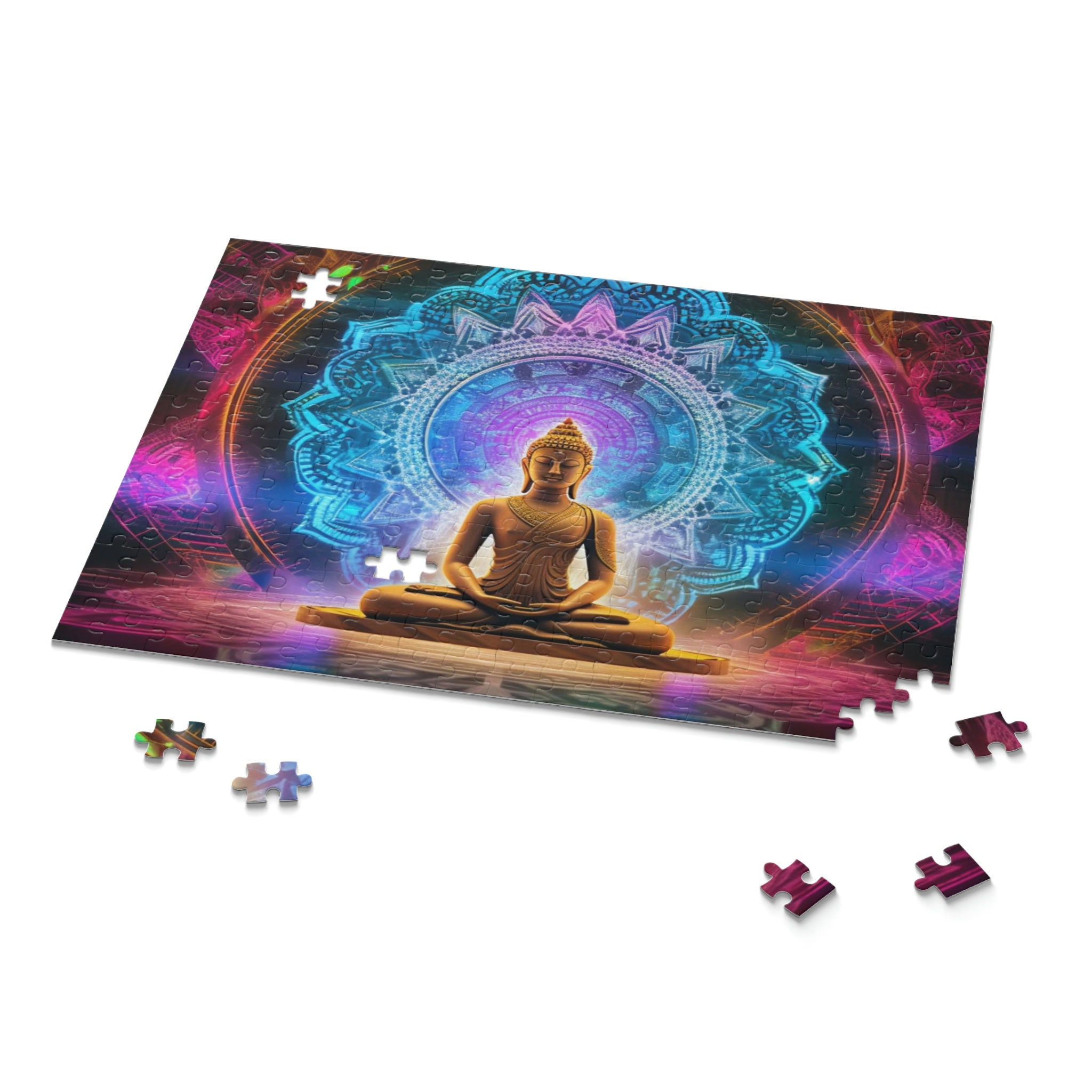 Serene Buddha Mediating With Neon Mandala Puzzle (120, 252, or 500 ...