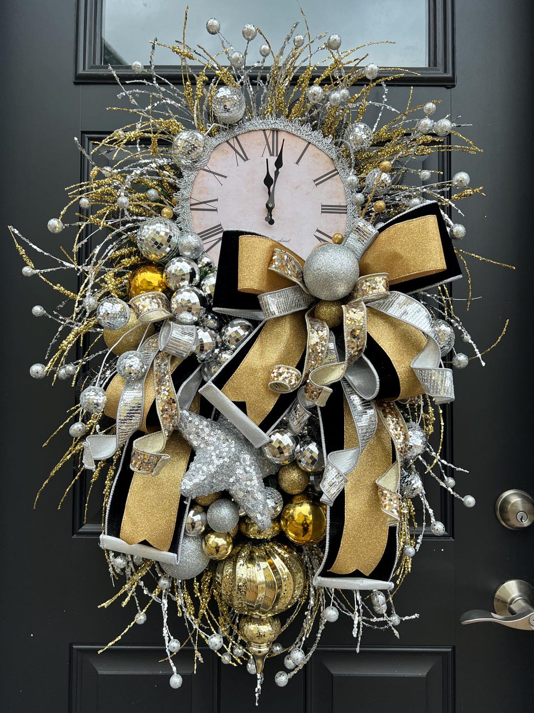 New Years Wreath for Front Door, Black Gold and Silver Wreath, New ...