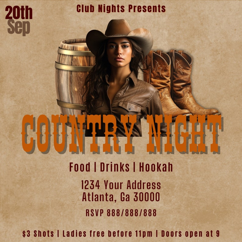 Country Party Flyer, Party Invite, CANVA PRO Template, Nightclub Flyer ...