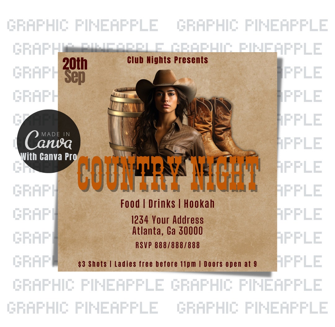 Country Party Flyer, Party Invite, CANVA PRO Template, Nightclub Flyer ...