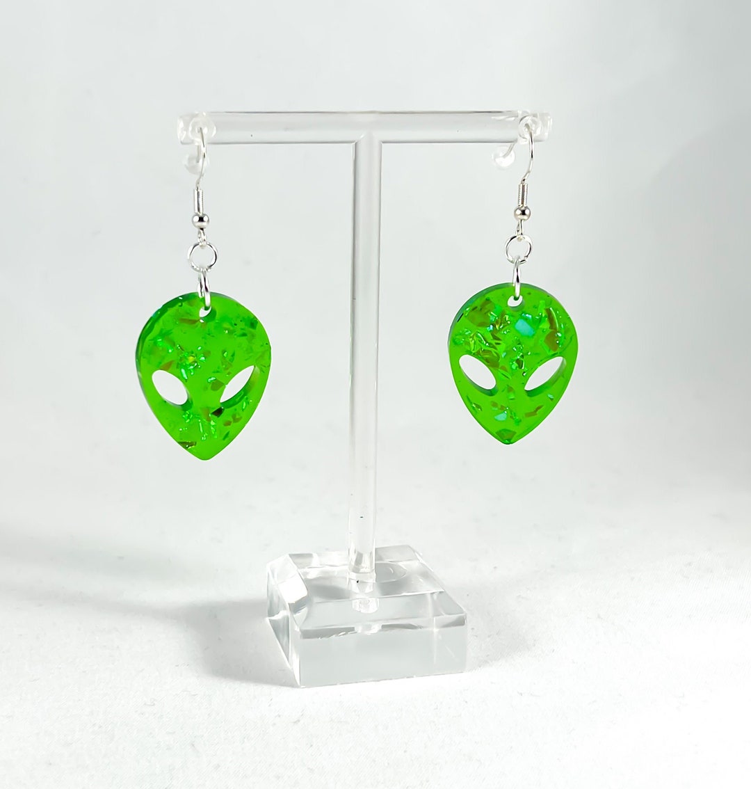 Alien Resin Sparkle Earrings (iridescent Green Earrings, Alien Earrings ...