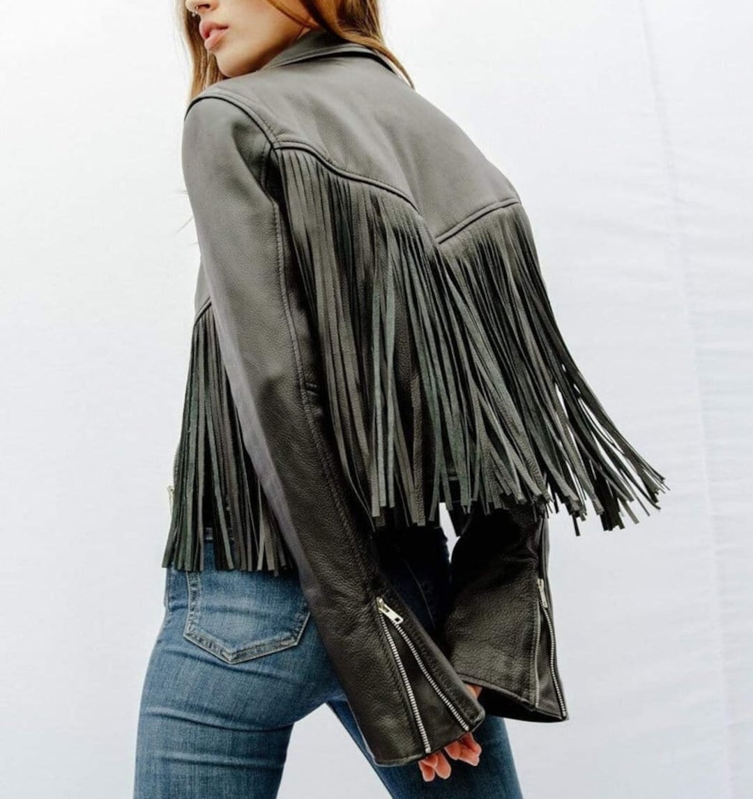 Women's Black Genuine Leather Fringe Jacket, Women Black Lambskin Soft ...