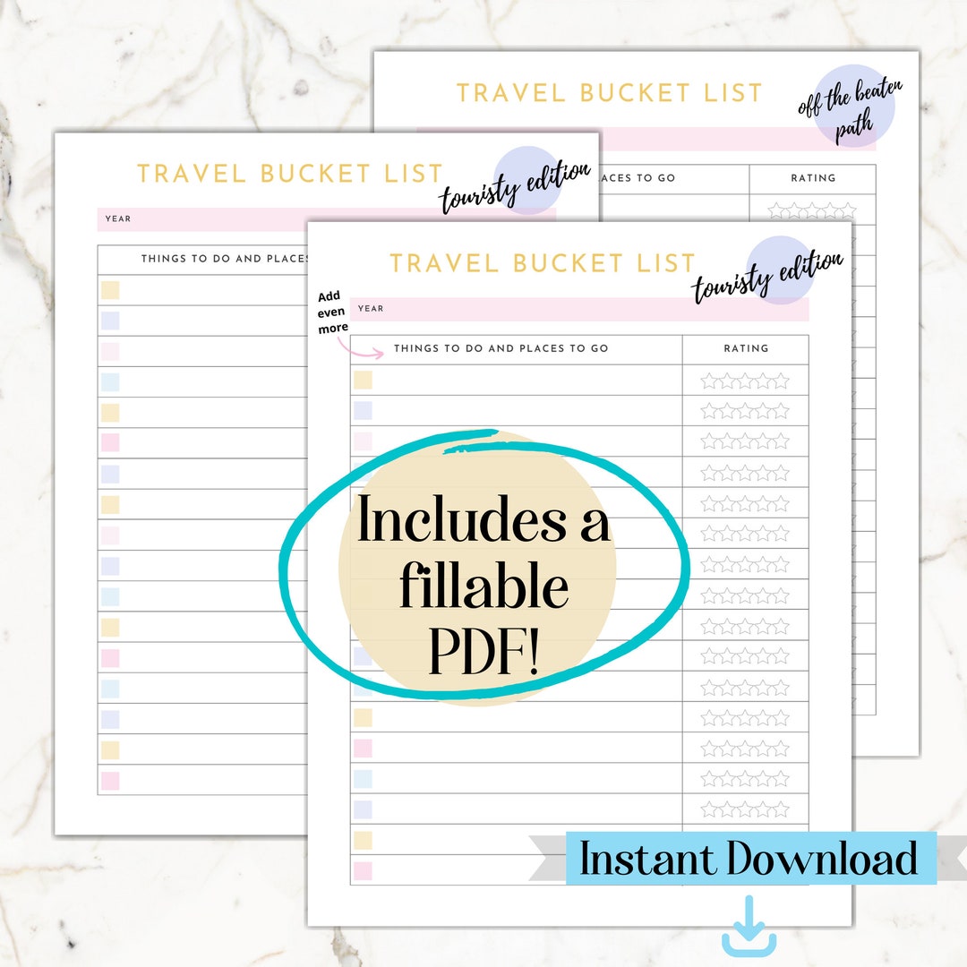 Travel Bucket List Printable: Fillable PDF Planner (instant Download ...