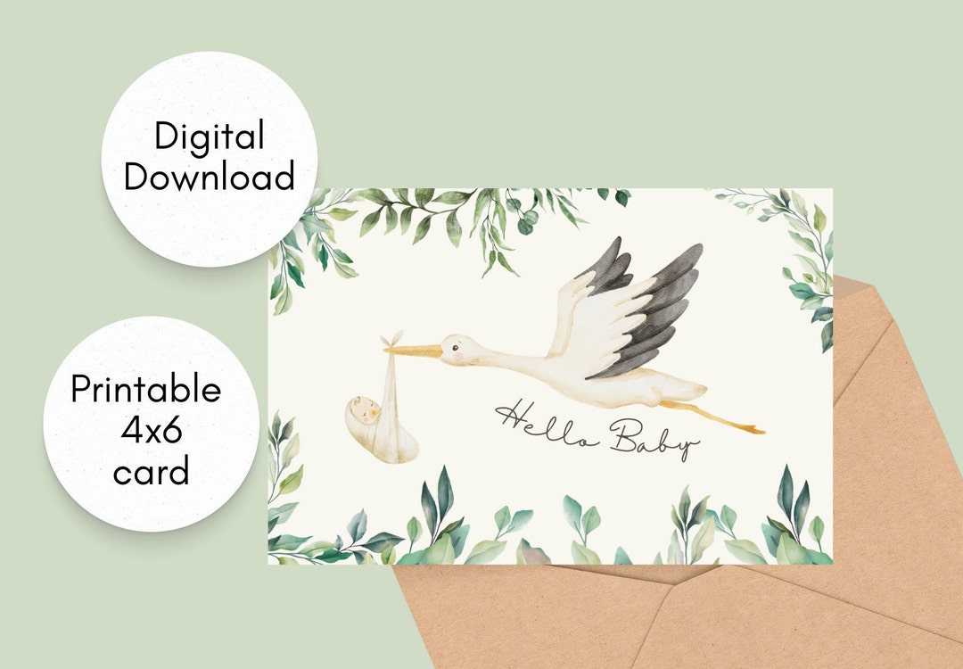 Printable Baby Shower Card, Greenery Stork, Gender Neural, Greeting ...