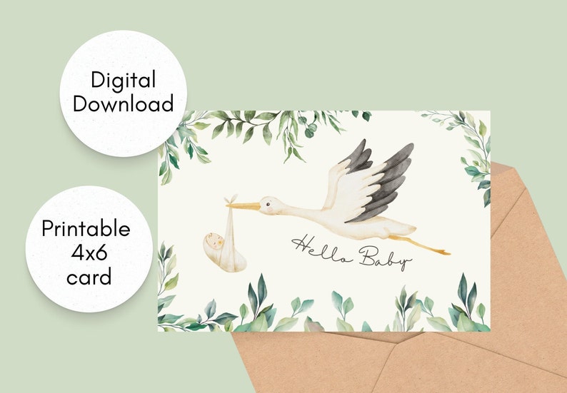 Printable Baby Shower Card, Greenery Stork, Gender Neural, Greeting ...