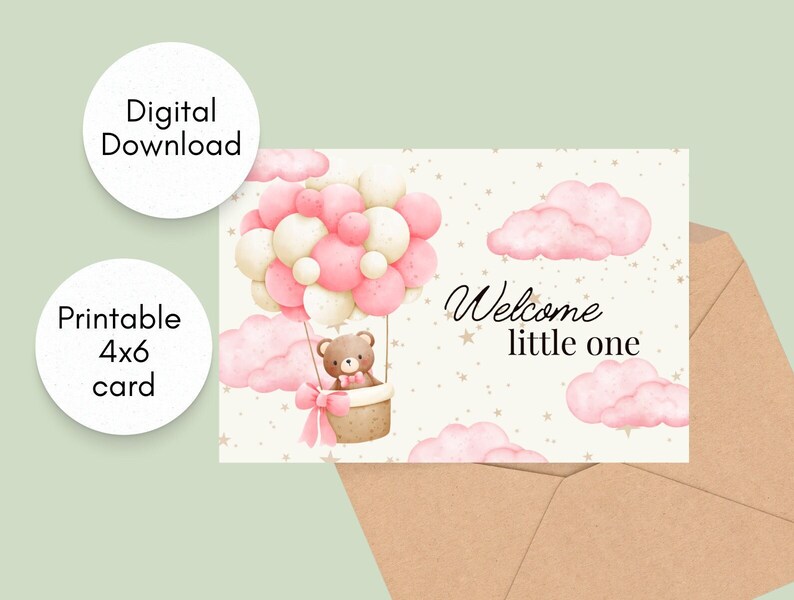 Printable Welcome Baby Card, Pink Baby Girl, Baby Shower Card, Greeting ...