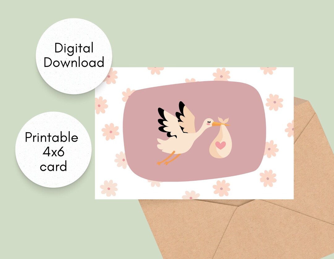 Printable Baby Shower Card, Stork Card, Baby Greeting Card, New Baby ...