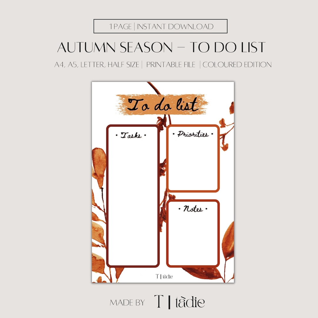 Autumn Season | to Do List | Daily Planner | PDF Printable | A4, A5, A6 ...