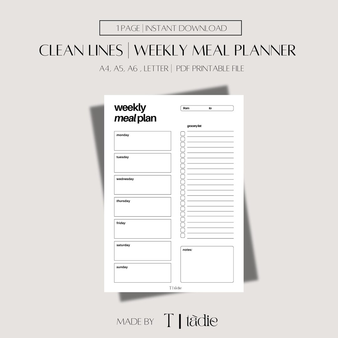 Simple Weekly Meal Planner: Printable PDF (A4, A5, A6, Letter Sizes) - Etsy