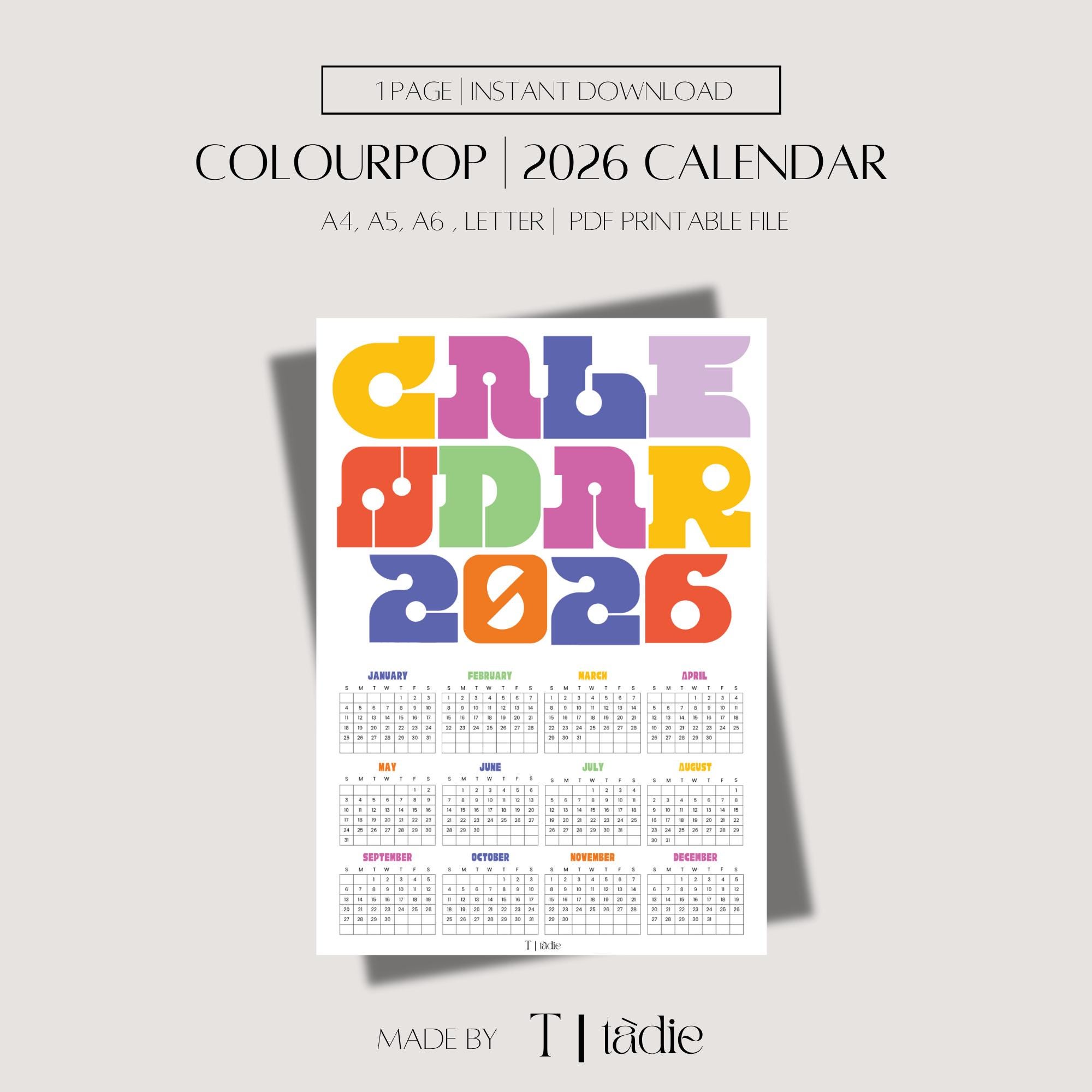 Calendrier coloré 2026 à imprimer | Format A4 A5 (Patron PDF) - Etsy France