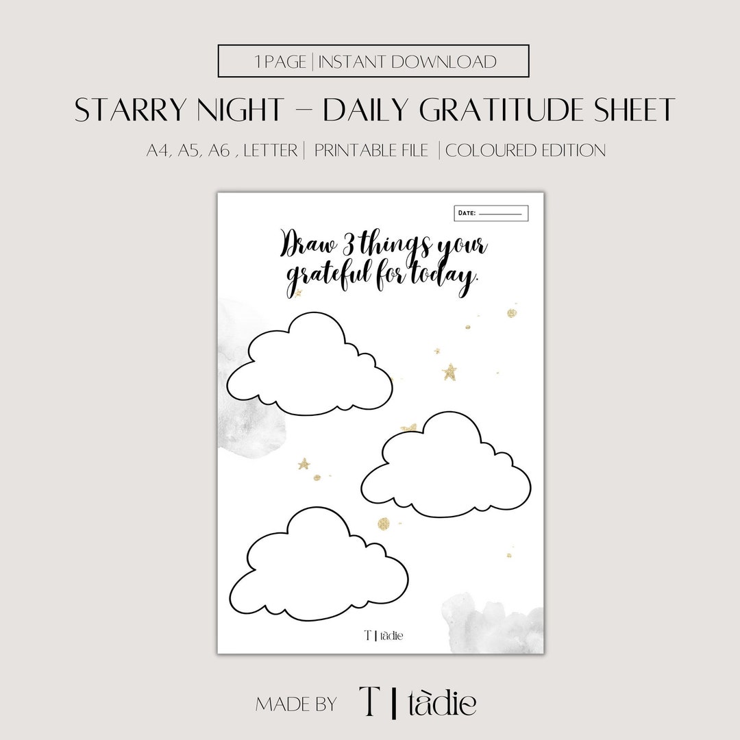 Starry Night Daily Gratitude Sheet | Day Page | PDF Printable | A4, A5 ...