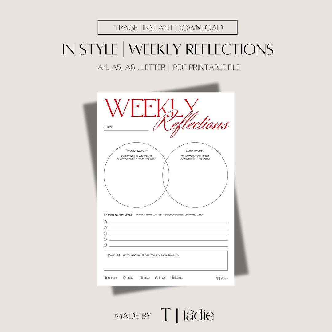 Weekly Reflection Journal: Modern Printable Planner (A4, A5, A6, Letter ...