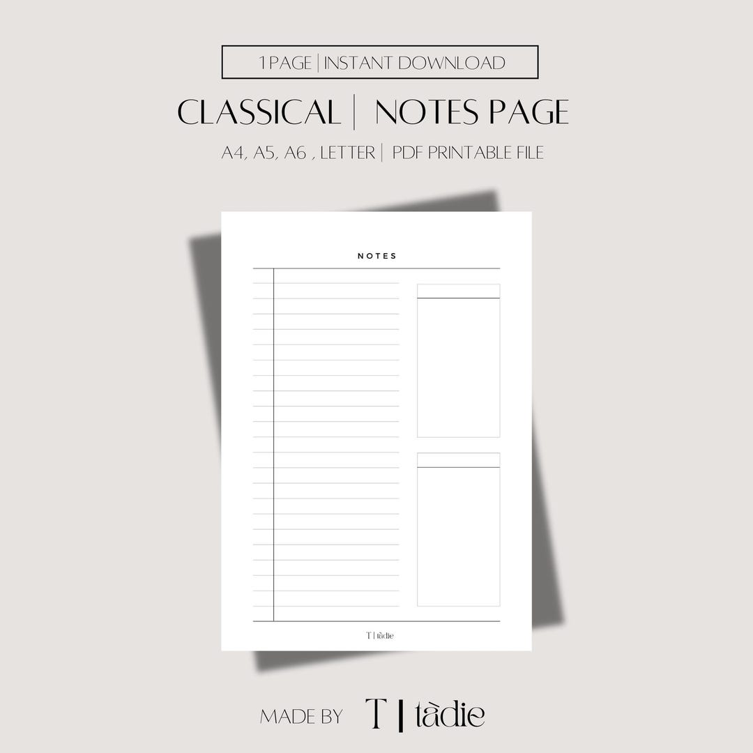 Notes Page | Classical | PDF Printable | A4, A5, A6, Letter Sizes - Etsy