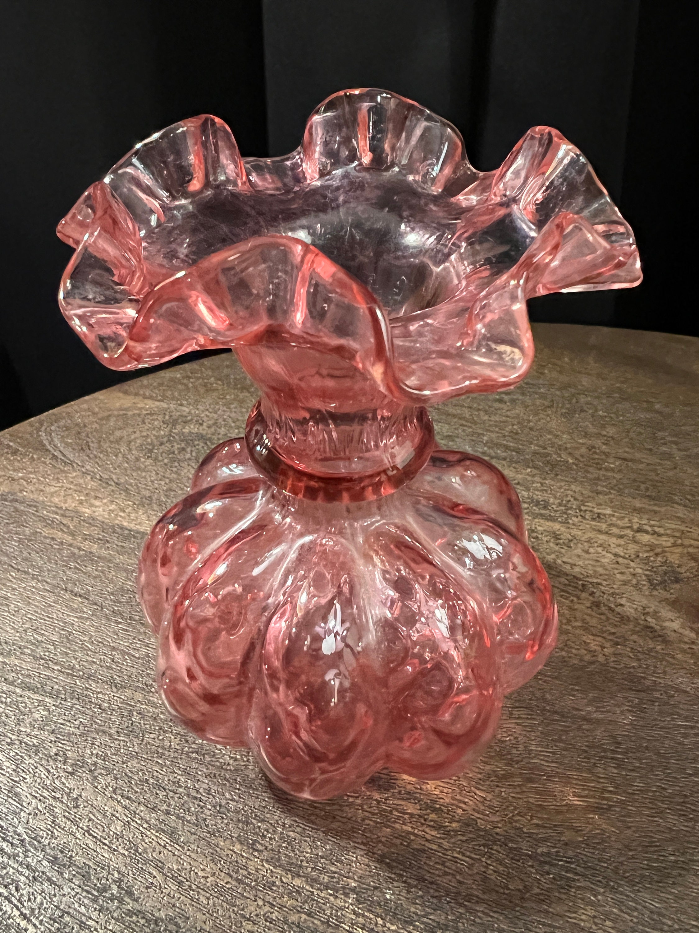1950s FENTON Melon Shape Vase Ruffle Top, Vintage Rose Pink Cranberry ...