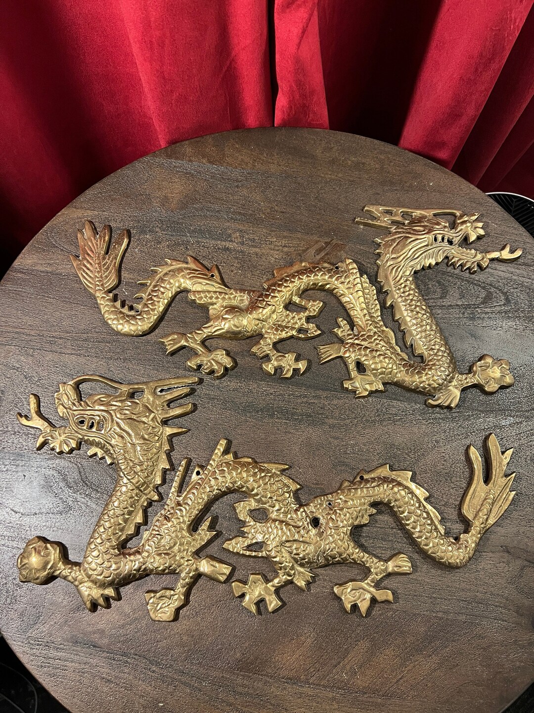 Large Pair of Asian Cast Brass Dragons Chasing a Ball Wall Mount - 20th ...