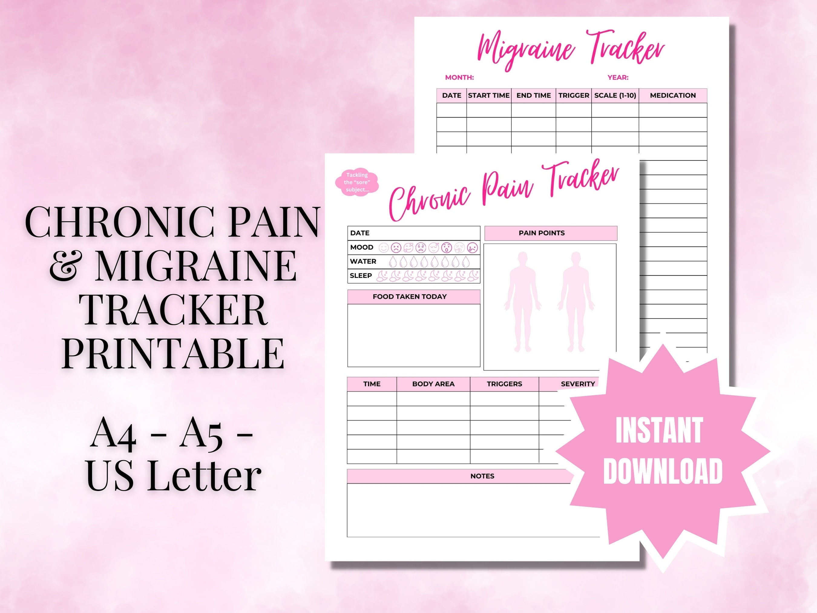 Chronic Pain Log Chart Printable Migraine Tracker Daily Tracking Sheet ...