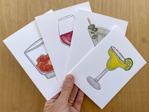 Watercolor Cocktail Notecards Hand Painted Set of 4 - Etsy