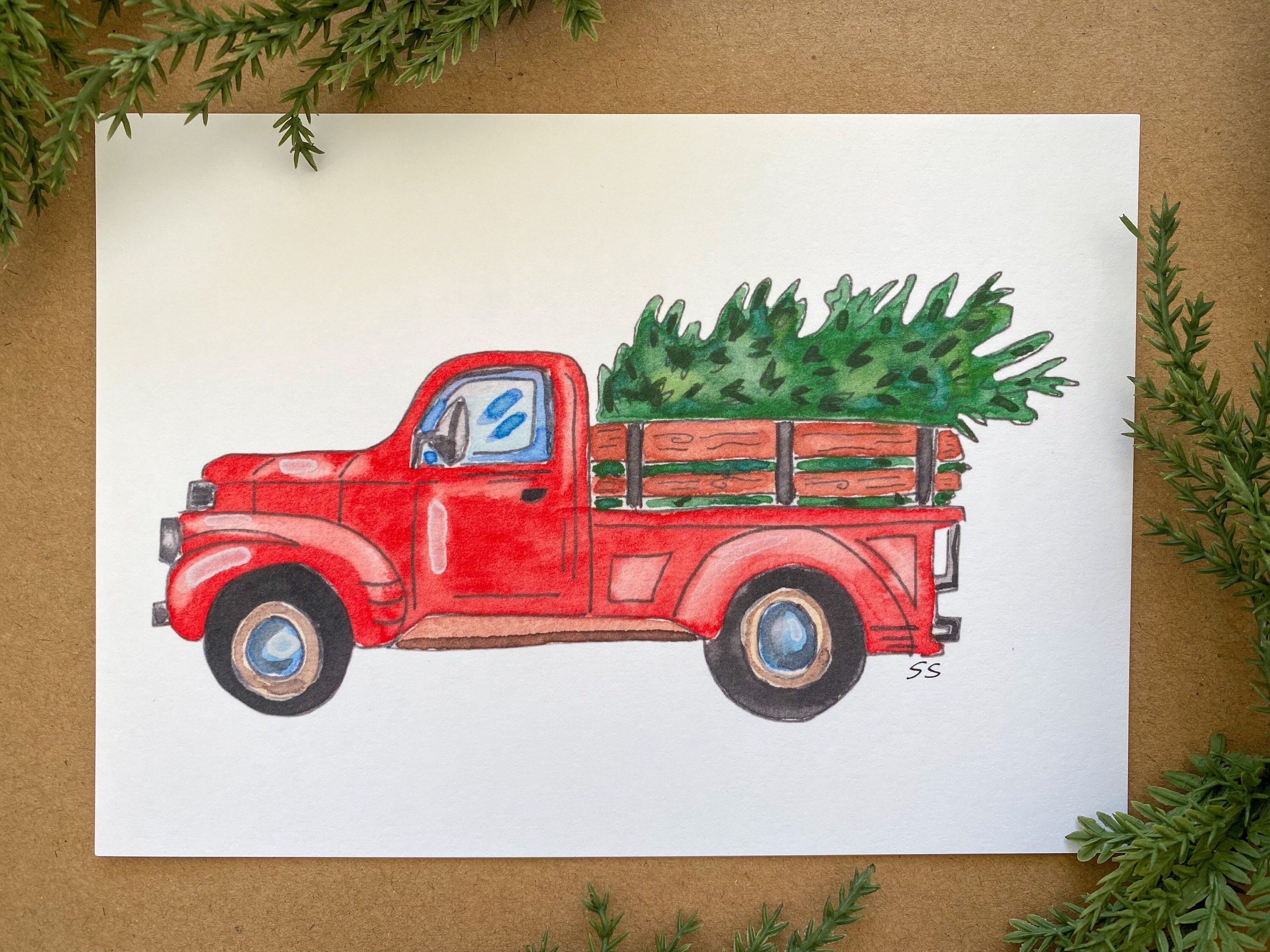 Watercolor Christmas Tree Truck | 5x7 Art Print - Etsy